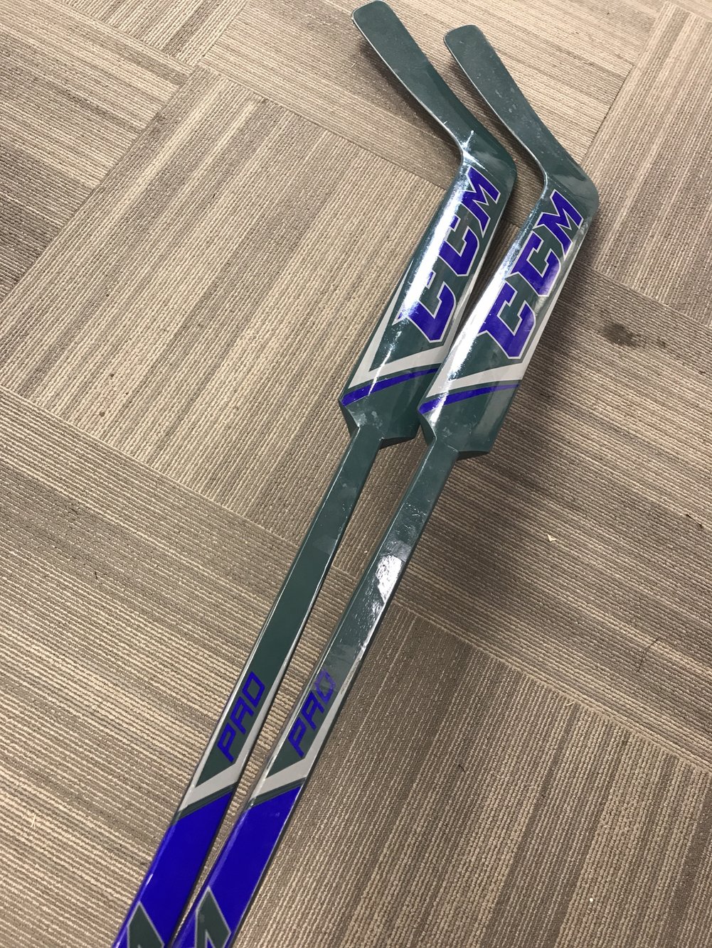 2 Custom Green/Blue CCM Premier Pro Goal Sticks | SidelineSwap