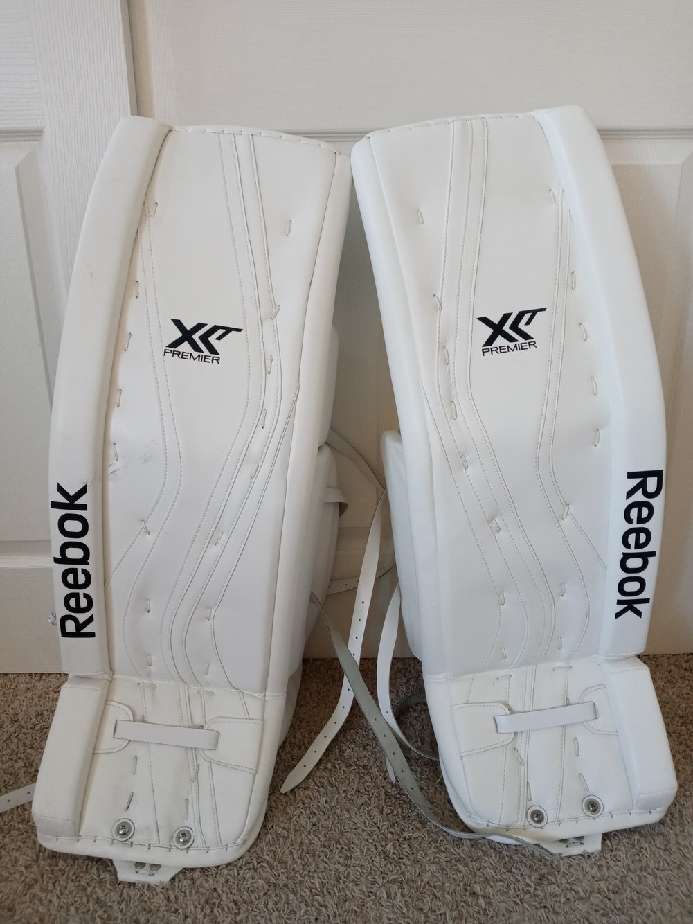 White New Senior 35" Reebok Premier XLT Goalie Leg Pads Pro Stock ...