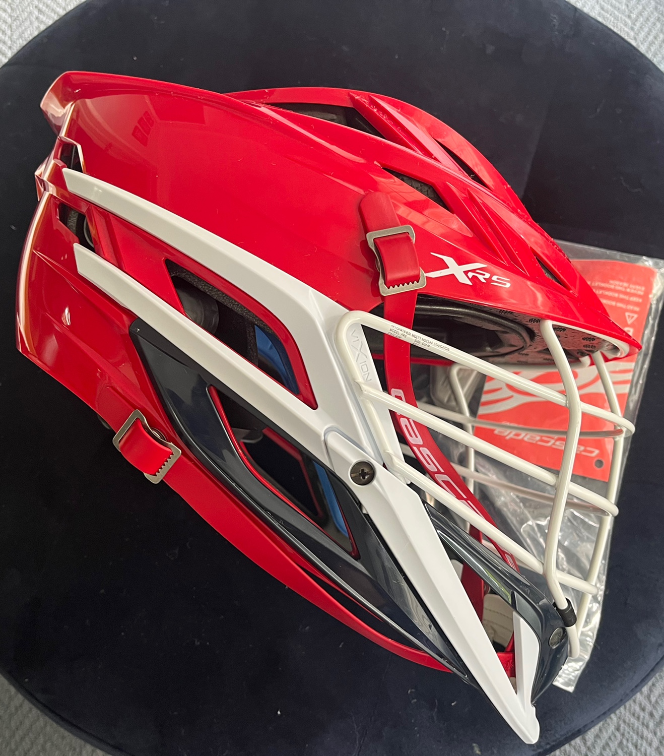 New Cascade XRS. red (scarlet)shell & strap, white cage and jawbone ...
