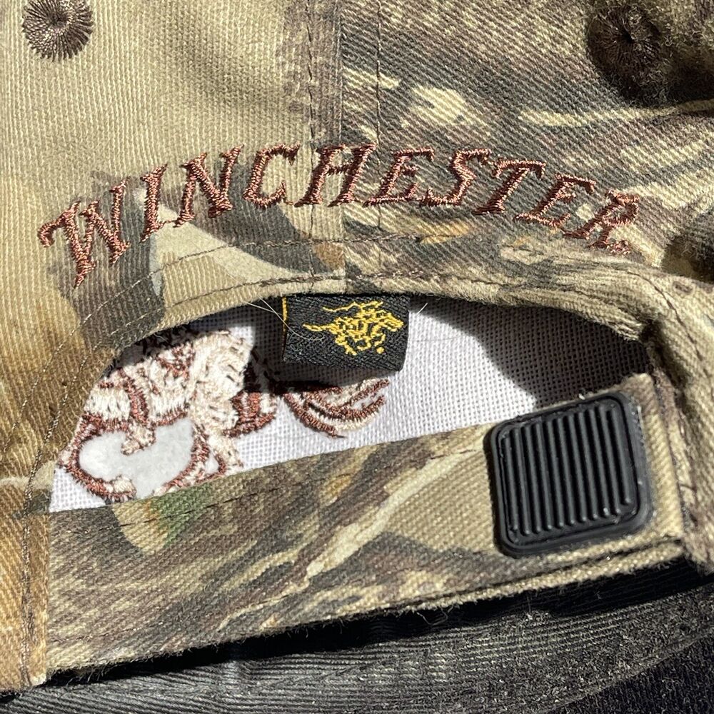 Vtg Winchester Hunting Hat Camo Leather Type Brim Stitched Logo Gun ...