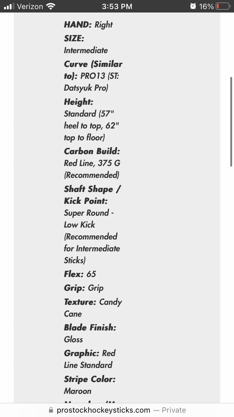 New Intermediate Pro-stock Stick Datsyuk curve 65 flex | SidelineSwap
