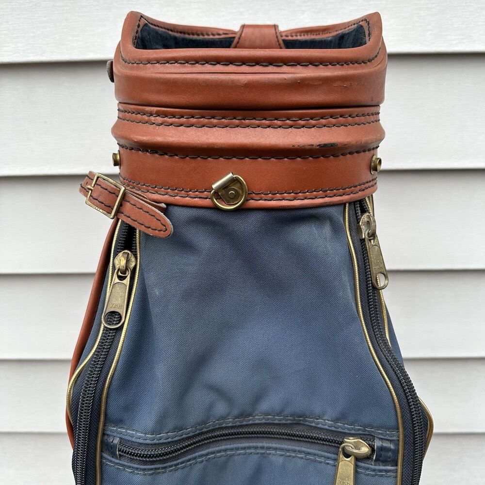 Burton Golf Cart Bag 3 Way Divider Brown Faux Leather Trim Blue Canvas ...
