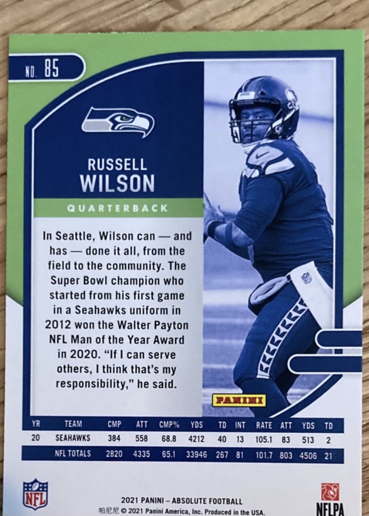 2021 Panini Absolute - Retail #85 Russell Wilson, Seattle Seahawks Card ...