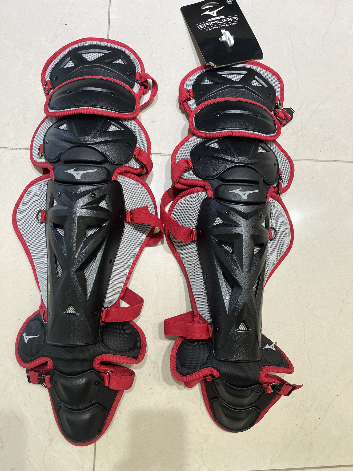 New Mizuno Samurai 15.5” Black/Cardinal Baseball Leg Guards | SidelineSwap