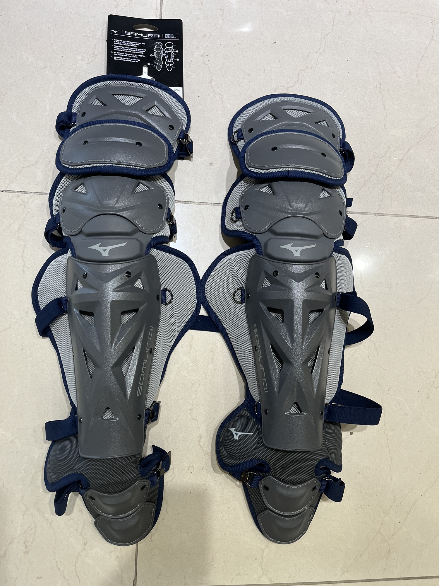 New Mizuno Samurai 15.5” Grey/Navy Baseball Leg Guards | SidelineSwap