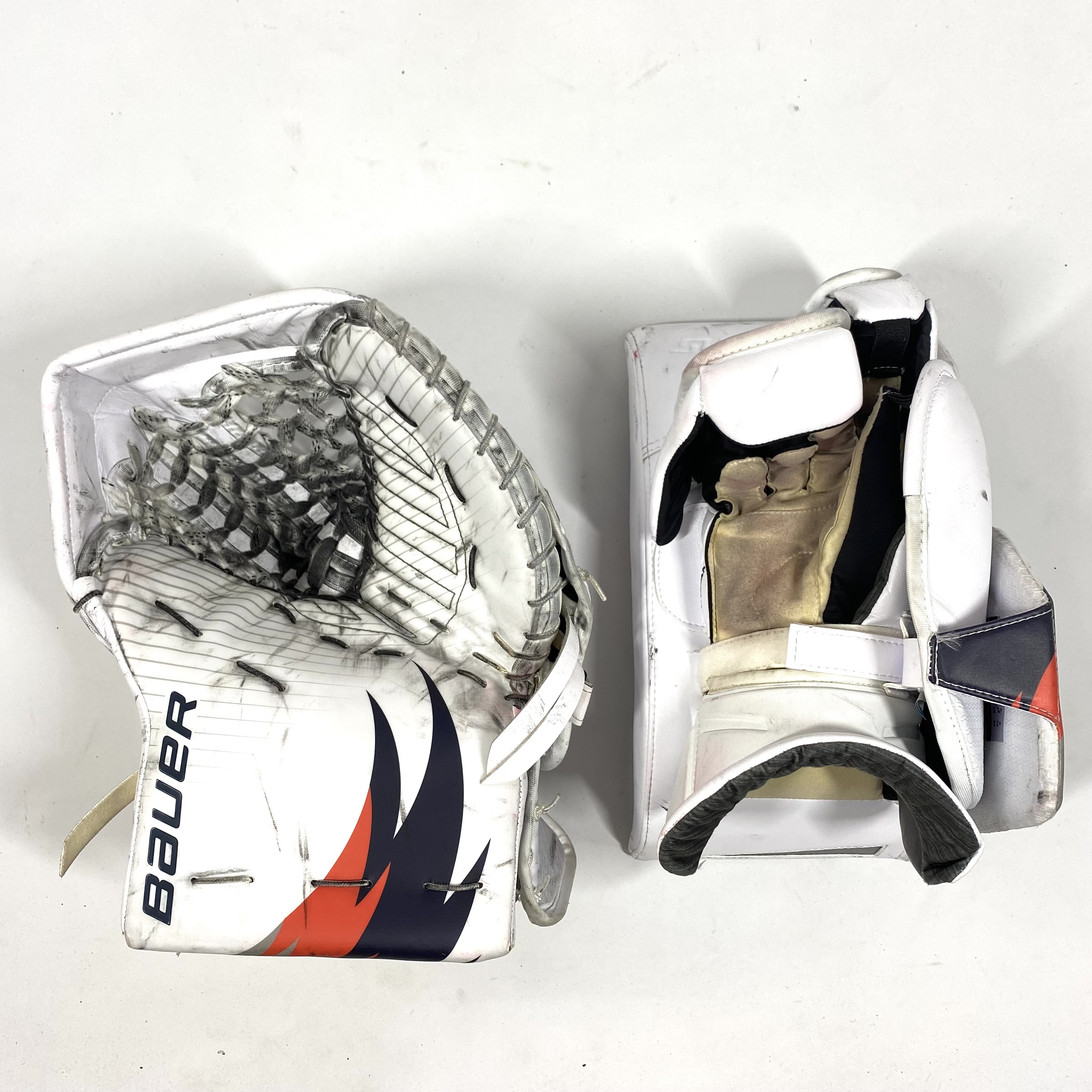 Used Regular Bauer Mach Goalie Full Set Pro Stock (White/Orange/Navy ...