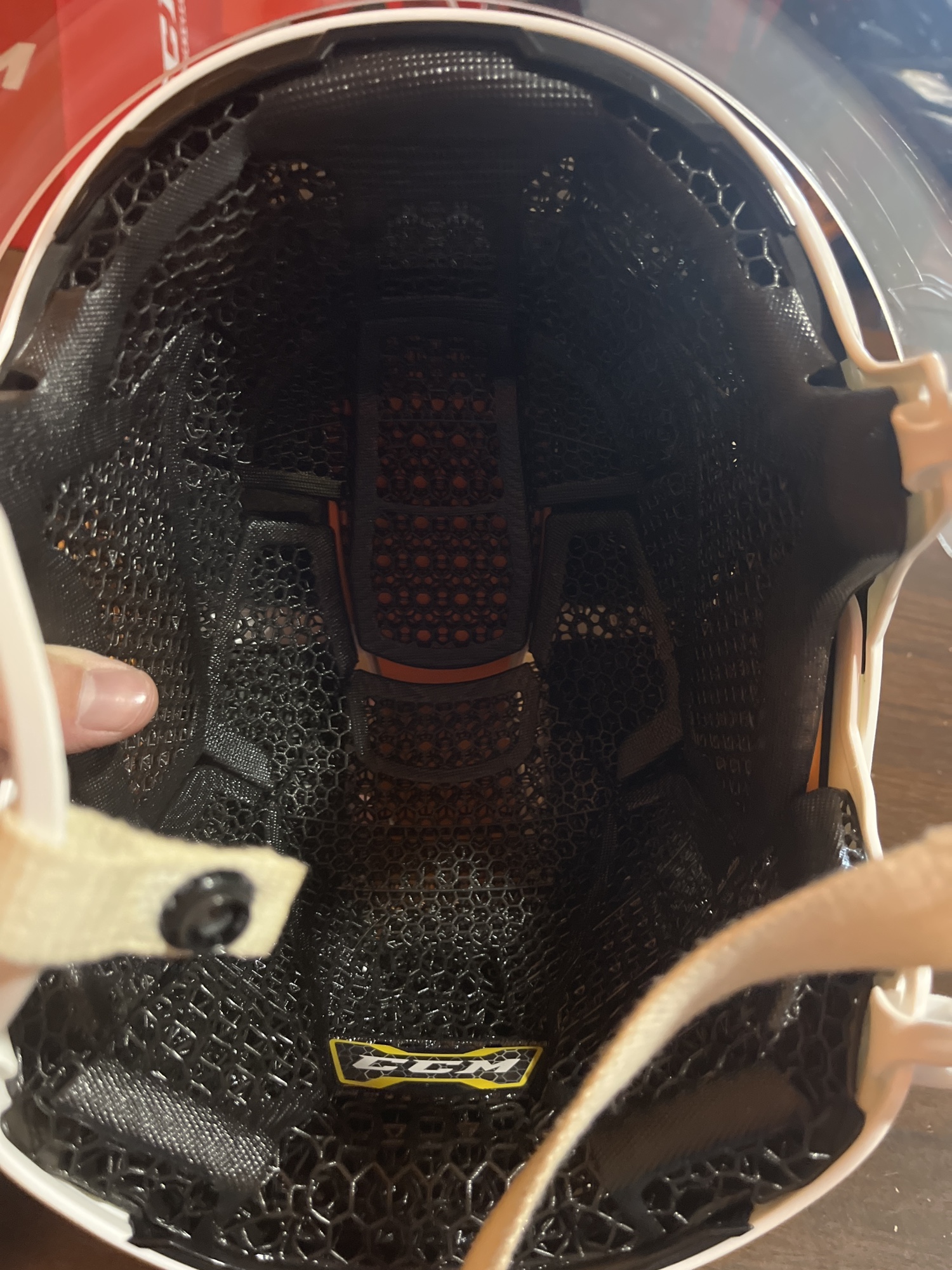 Game Used White CCM Super Tacks X Pro Stock Helmet San Jose Barracuda #6 Large | SidelineSwap