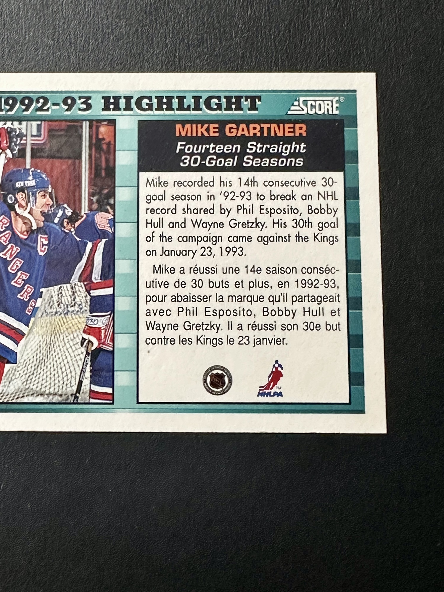 MIKE GARTNER 1992-1993 Score Highlight NY Rangers NHL Hockey Trading ...