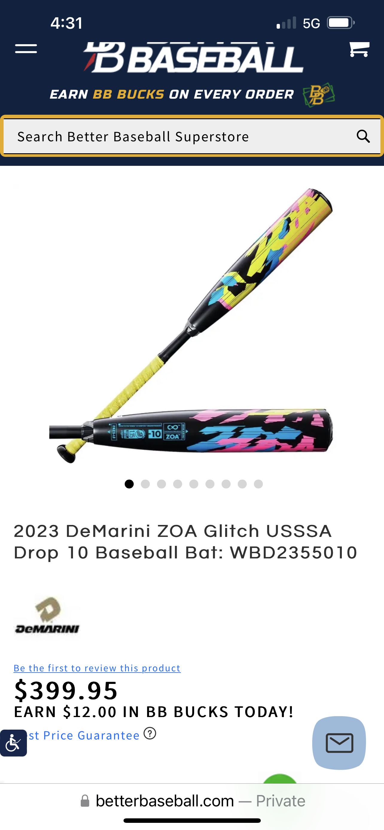 Used USSSA Certified 2022 DeMarini Composite Zoa Glitch Bat (-10) 19 oz ...