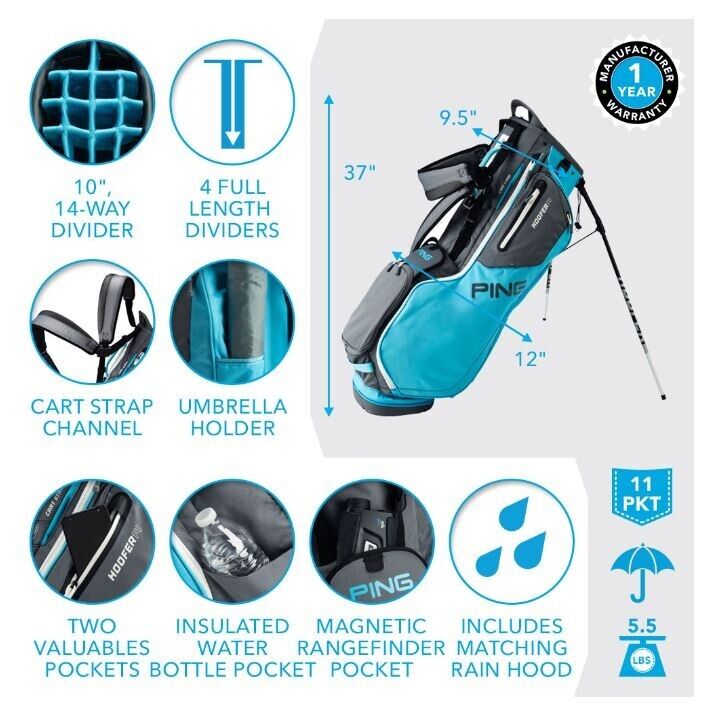 PING Hoofer 14 201C Stand Carry Golf Bag 14-Way w/ Rain Hood BLACK New ...