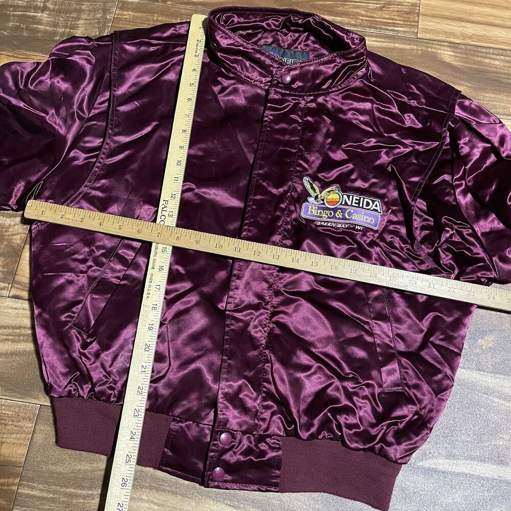 Vintage Oneida Casino Satin Bomber Jacket Green Bay Wisconsin Maroon ...