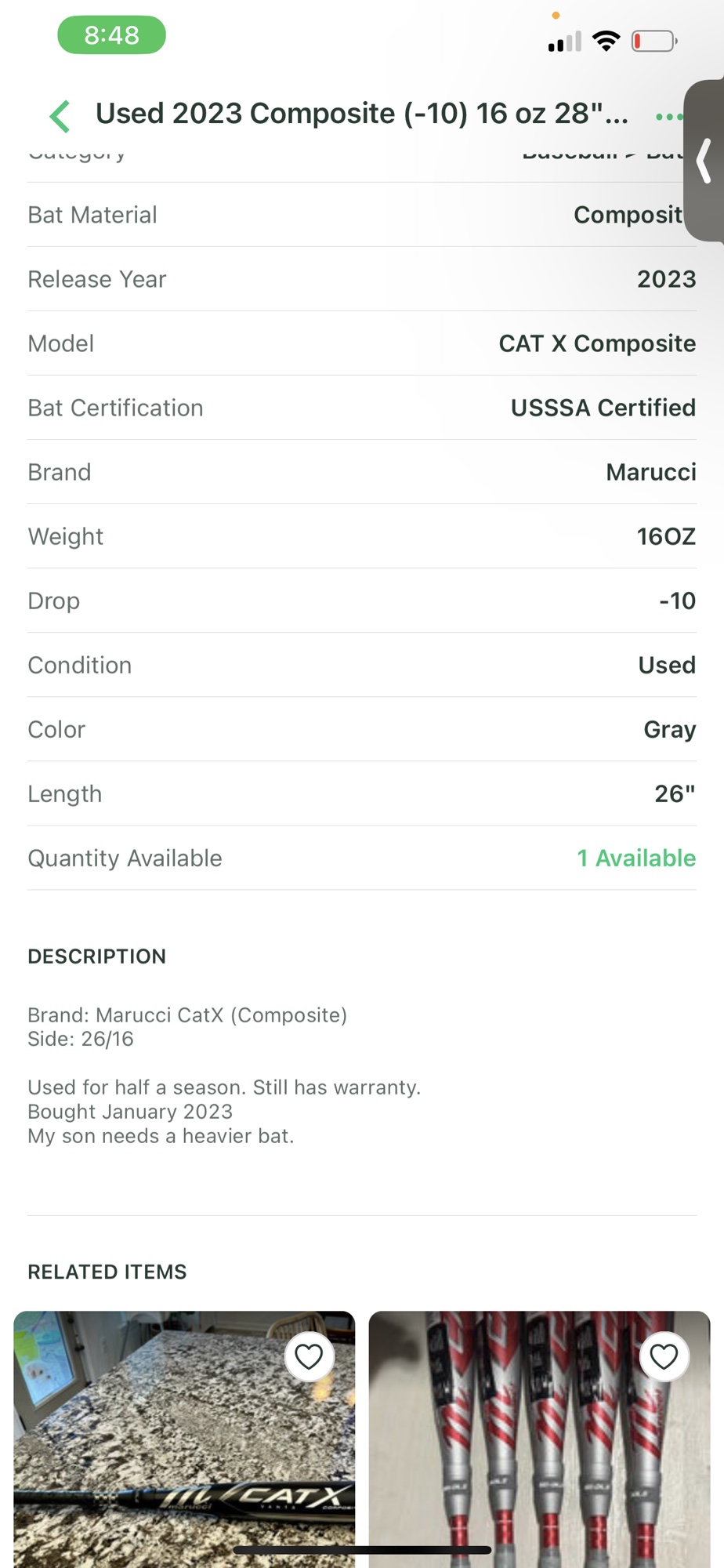 Used 2023 Composite (-10) 16 oz 28" CAT X Composite Bat | SidelineSwap