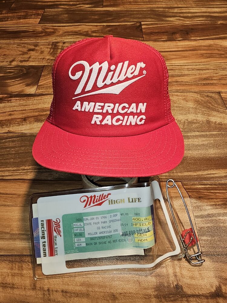 Vintage Miller American Racing + Miller Tag Holder Vtg Mesh Hat Beer ...