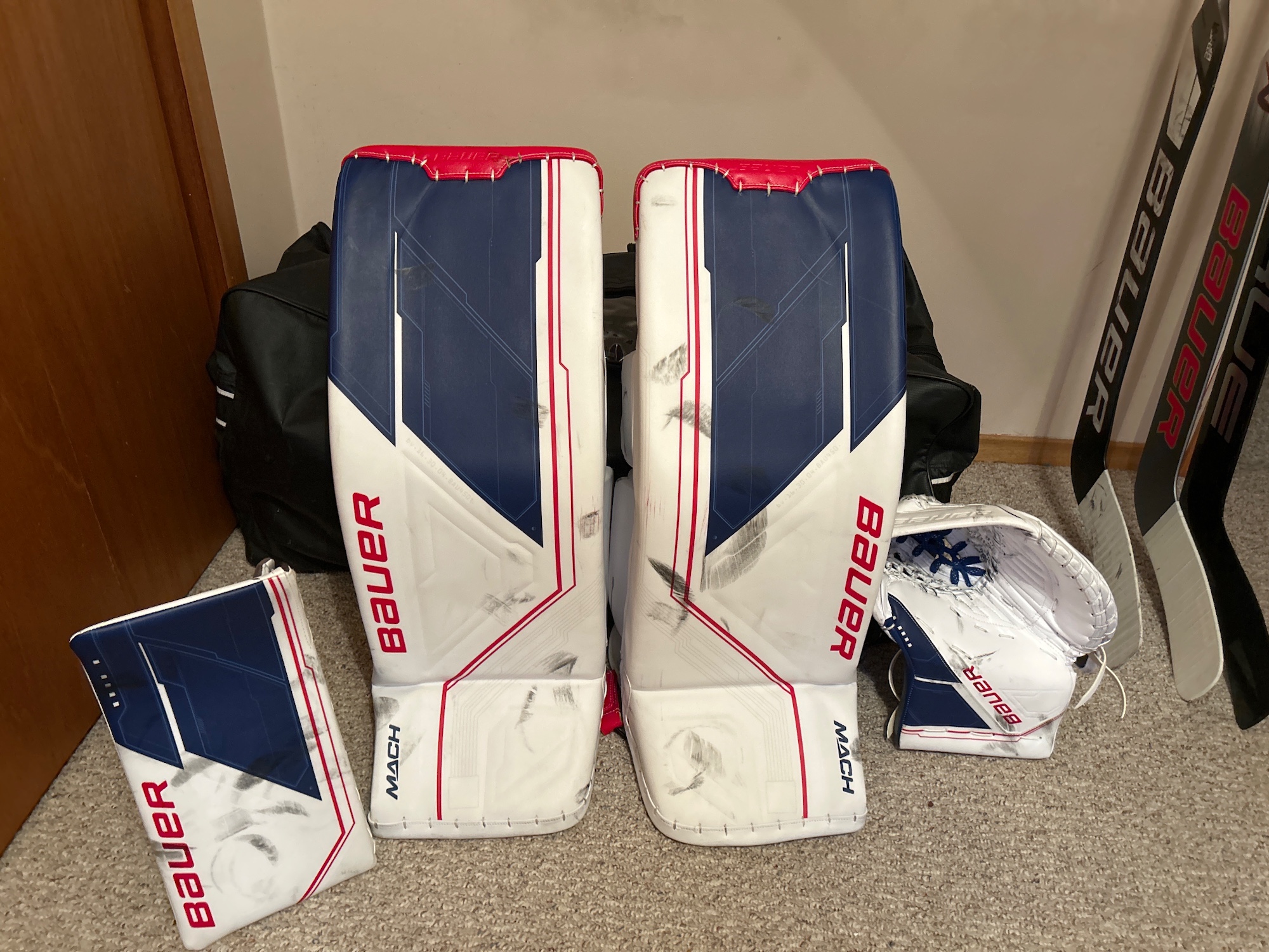 Bauer MACH Goalie Leg Pads And Blocker And Glove | SidelineSwap