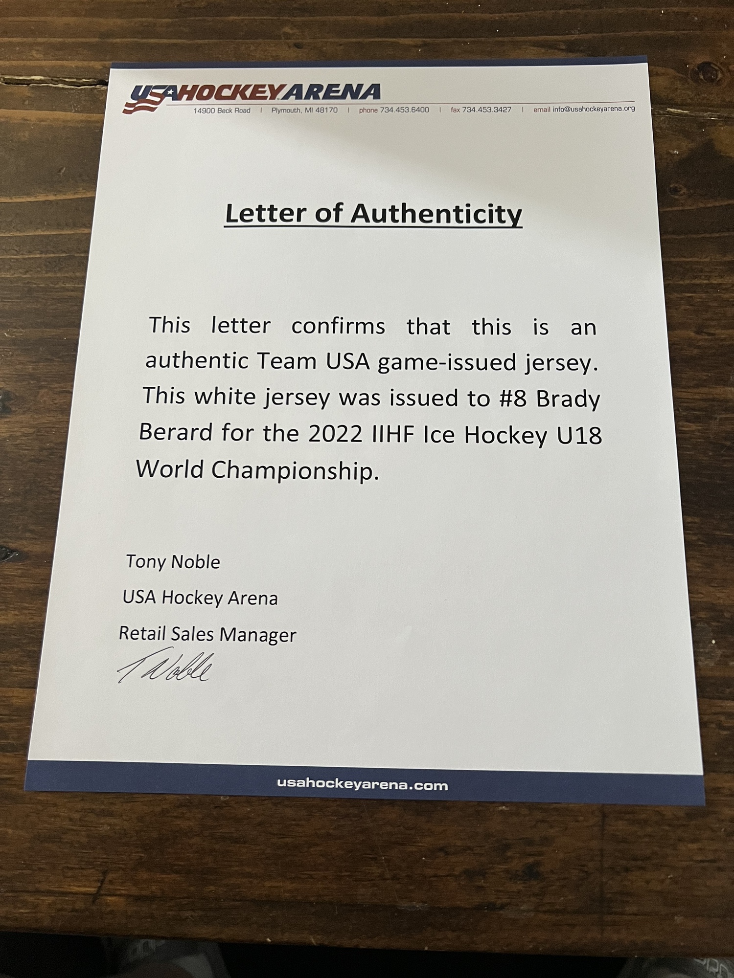 Team USA Hockey game-issued #8 Brady Berard jersey 2022 World ...