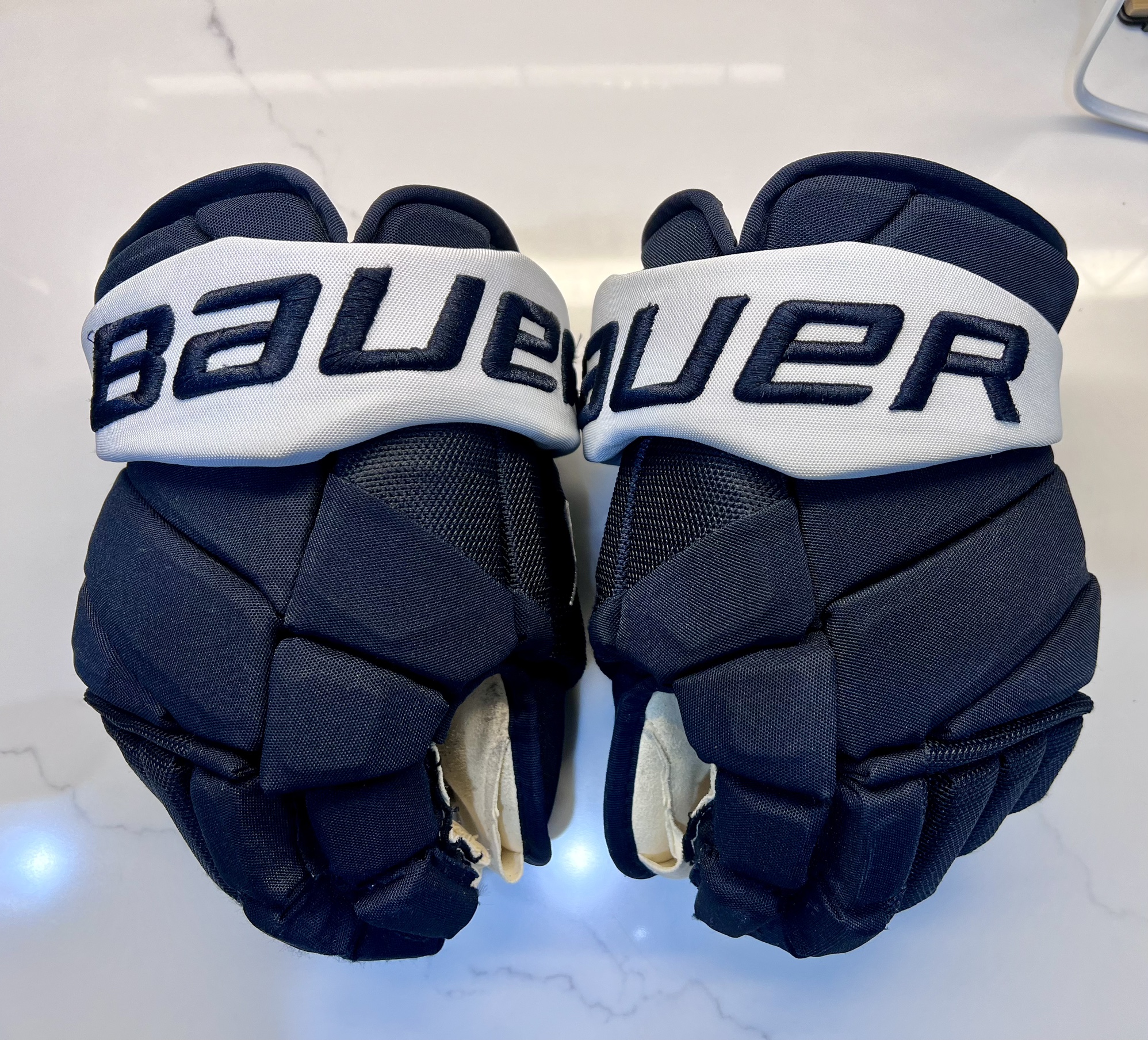 Pro Stock 13” Bauer Vapor Hyperlite Gloves (Navy and White) | SidelineSwap